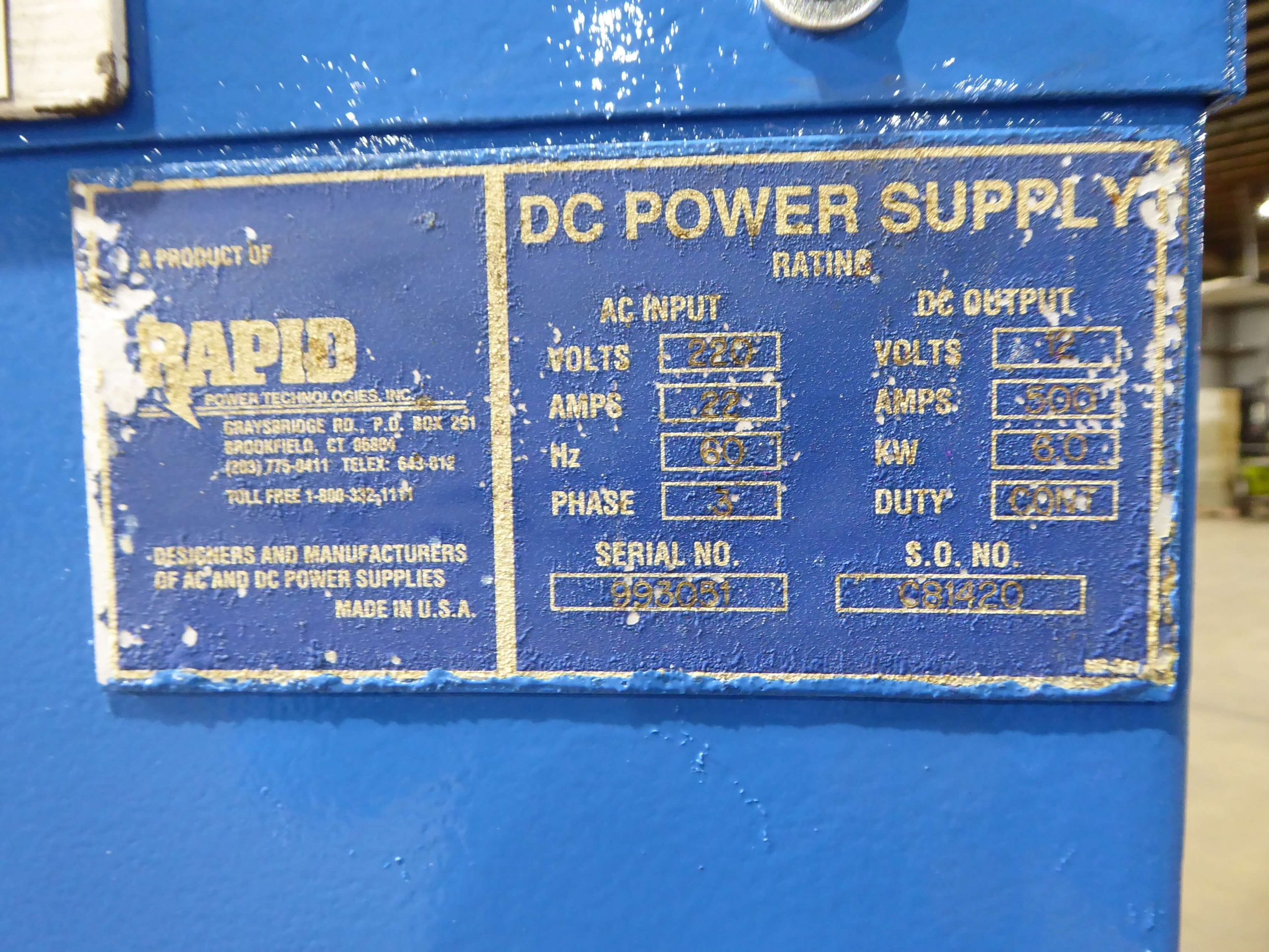 500 Amp Rapid 12 Volt Rectifier R3259 - Lanco Corporation | Used ...