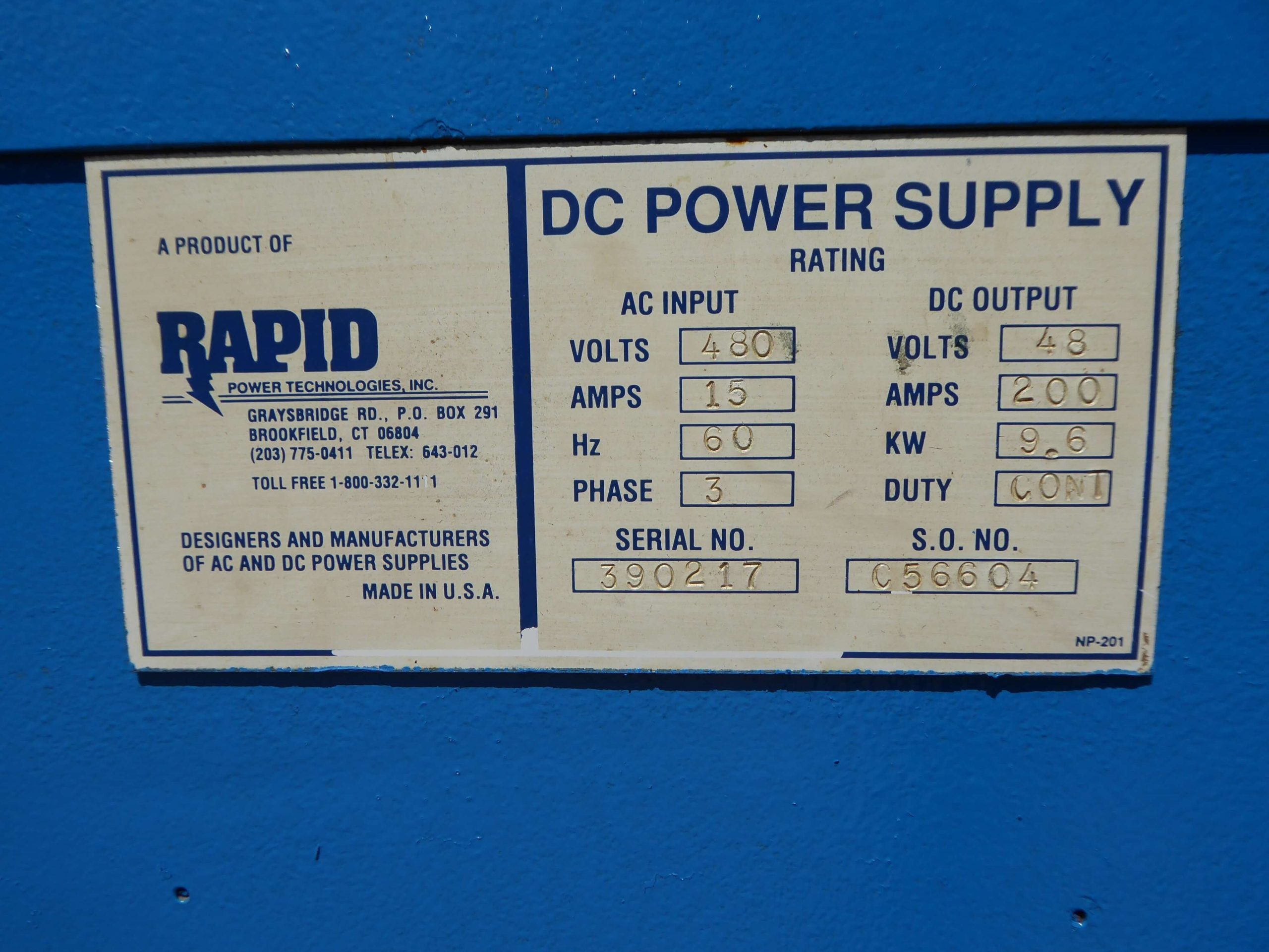 200 Amp Rapid 48 Volt Rectifier R3320 - Lanco Corporation | Used ...