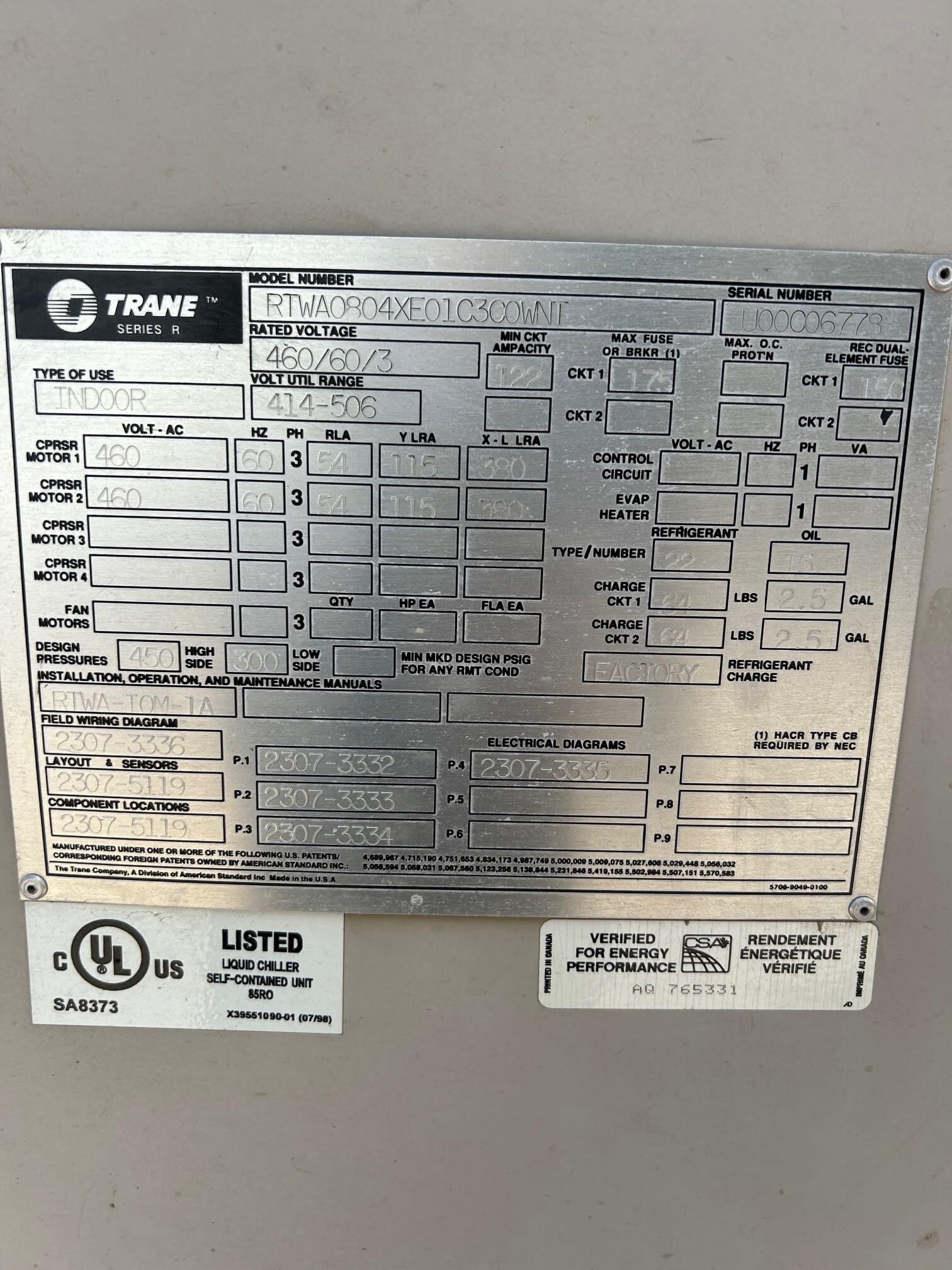 Trane 80 Ton Rotary Chiller C2119CN