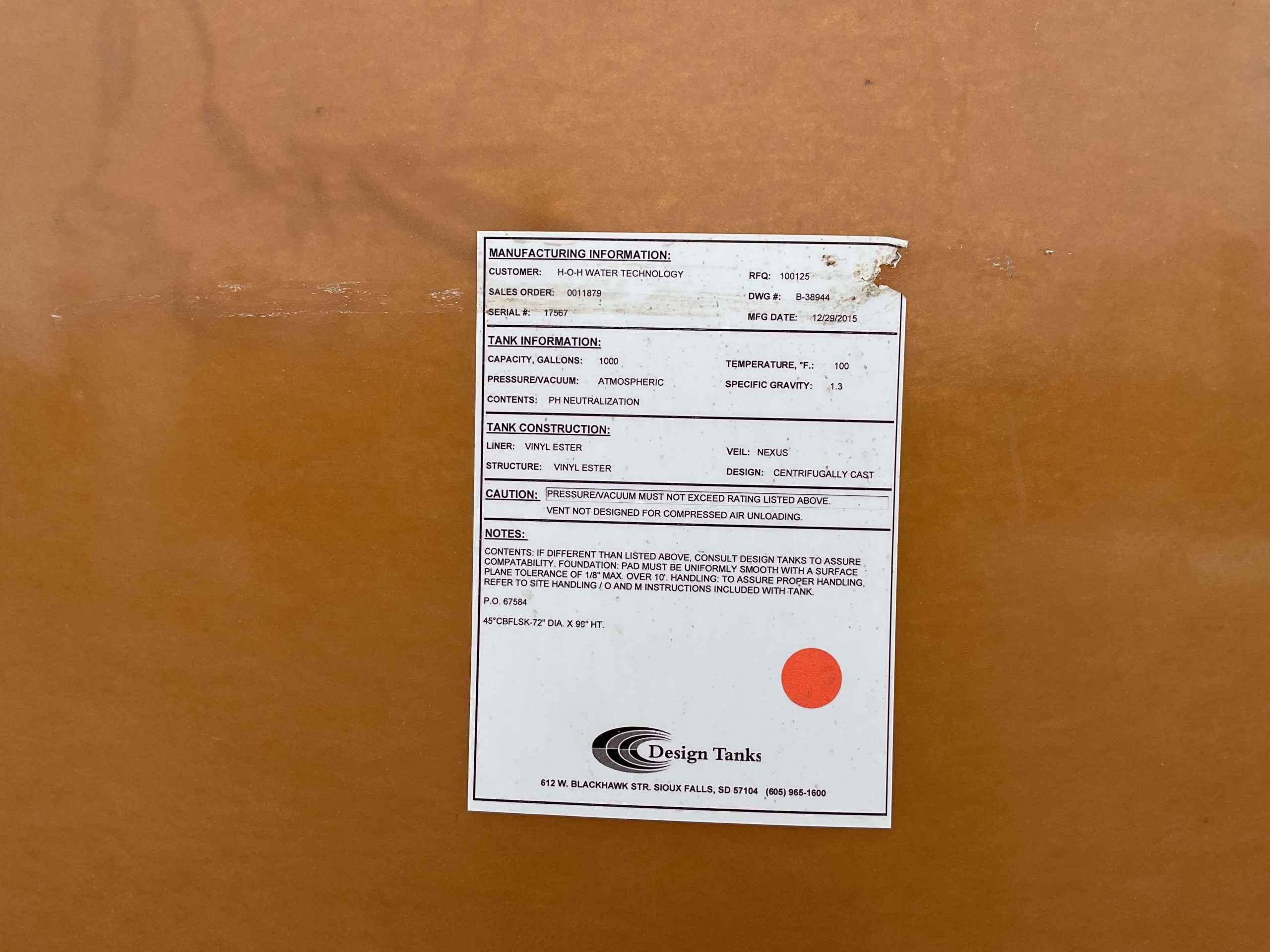 1000 Gallon Vinyl Ester Round Tank CT2379 - Lanco Corporation | Used ...