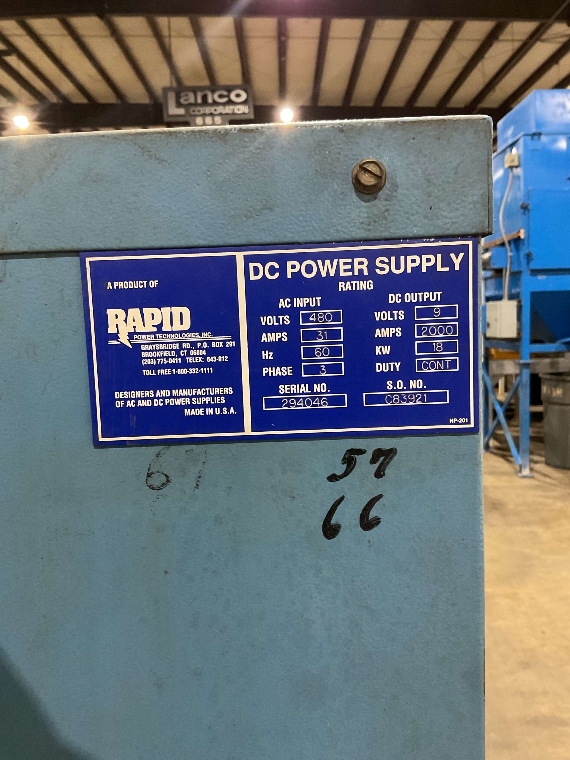2000 Amp Rapid 9 Volt Rectifier R3538 - Lanco Corporation | Used ...